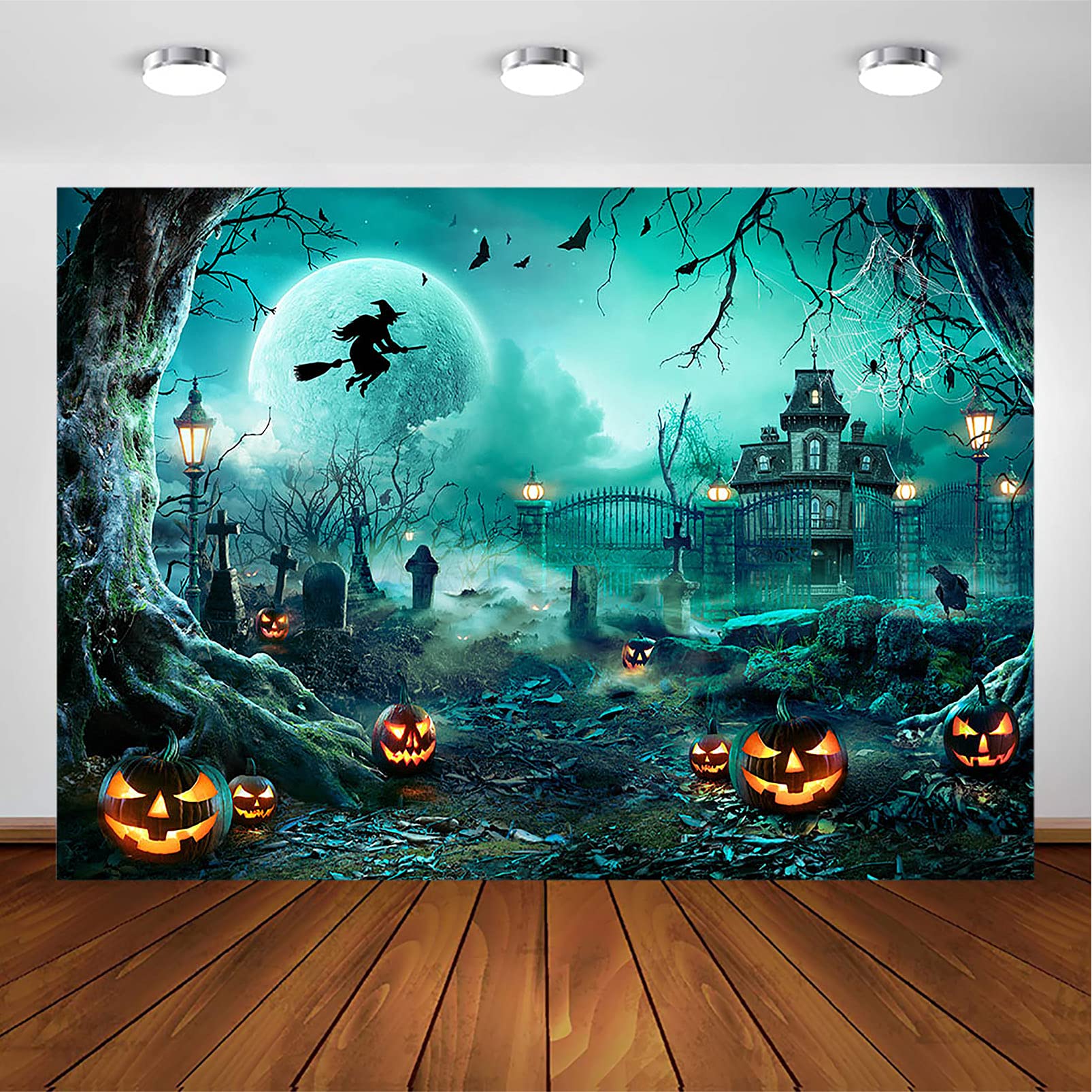 Avezano Halloween Photography Backdrop Full Moon Scary Night Castle Pumpkins Party Background Spooky Witch Bats Cemetery Child Kids Halloween Party Decorations Photoshoot Backdrops (7x5ft, Green)