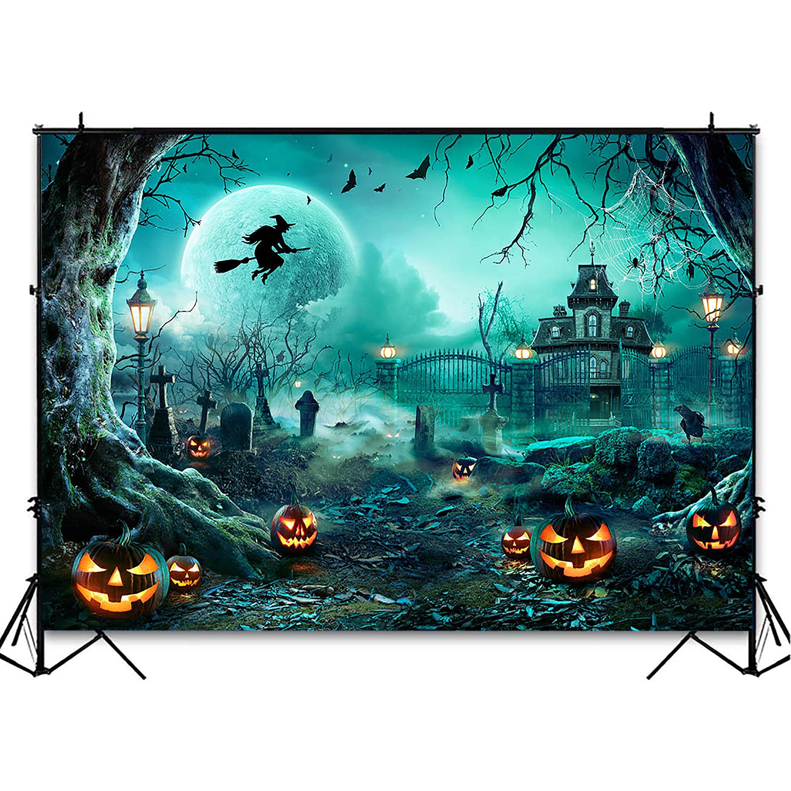 Avezano Halloween Photography Backdrop Full Moon Scary Night Castle Pumpkins Party Background Spooky Witch Bats Cemetery Child Kids Halloween Party Decorations Photoshoot Backdrops (7x5ft, Green)