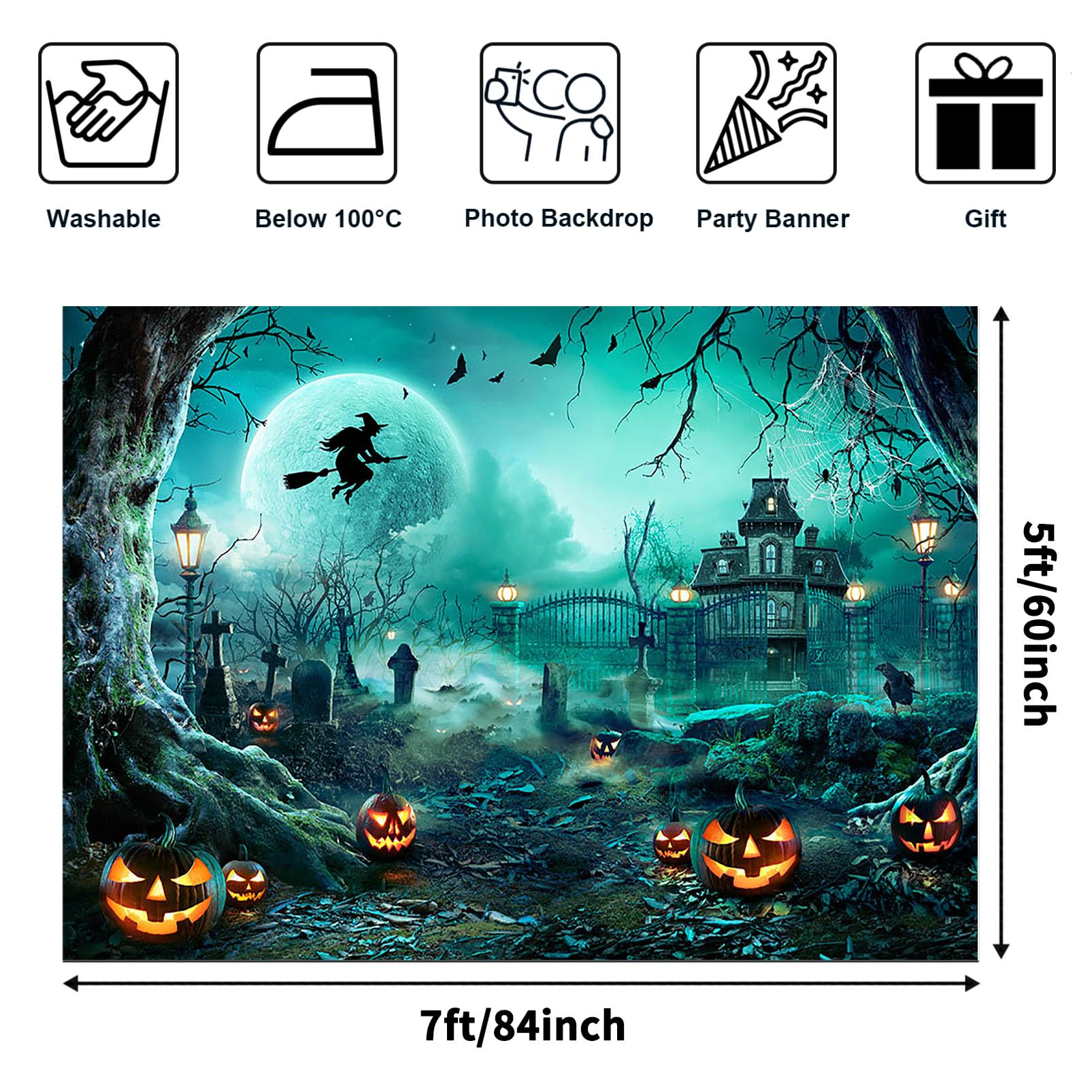 Avezano Halloween Photography Backdrop Full Moon Scary Night Castle Pumpkins Party Background Spooky Witch Bats Cemetery Child Kids Halloween Party Decorations Photoshoot Backdrops (7x5ft, Green)