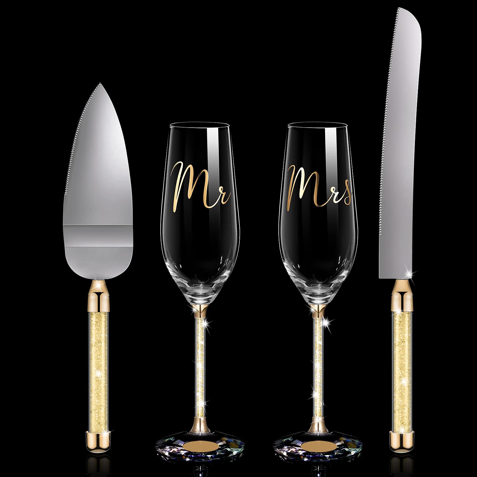 Boao 4 Piece Wedding Toasting Flutes and Cake Server Set Wedding Reception Supplies Champagne Glasses Cake Knife Pie Server (Gold Diamond, Simple)