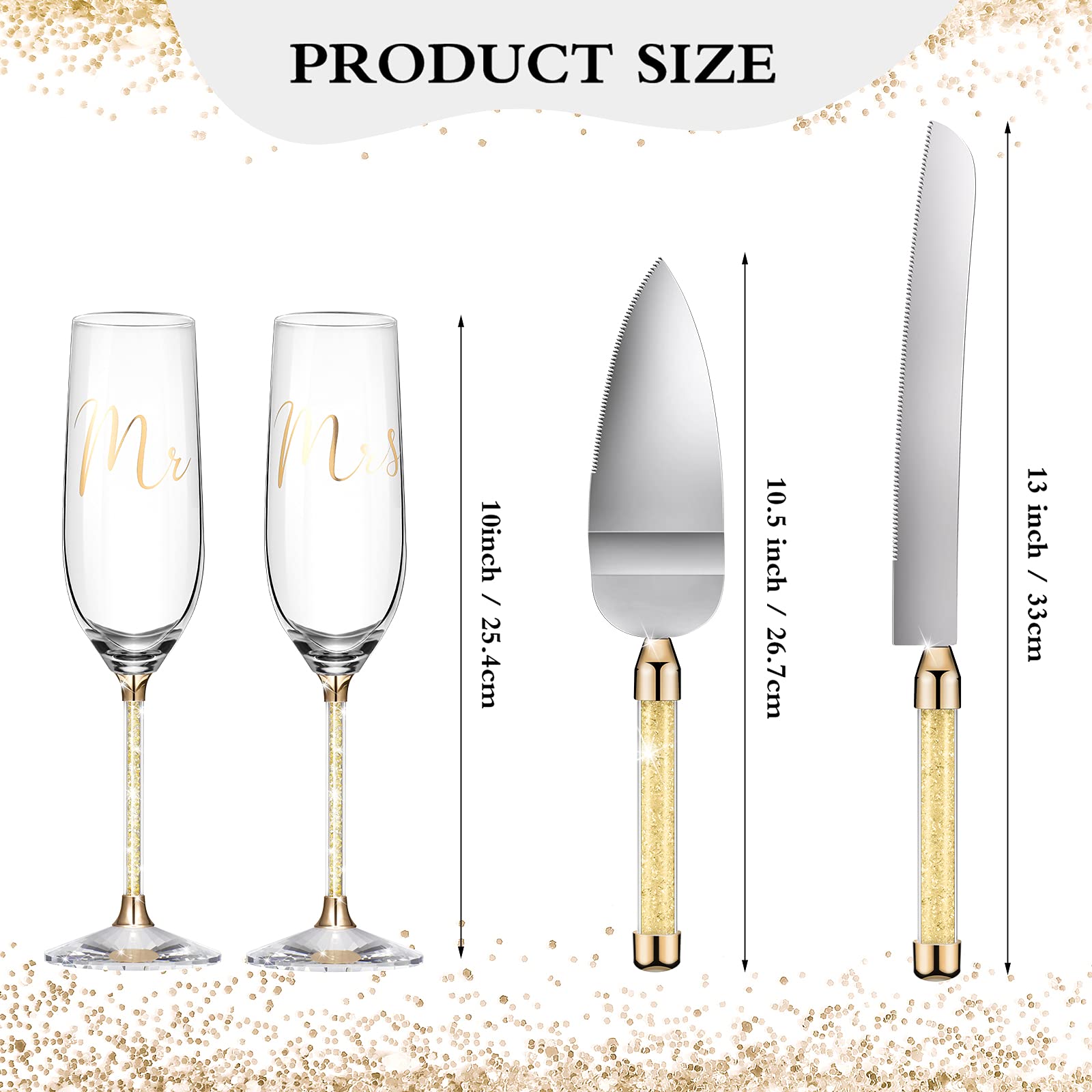 Boao 4 Piece Wedding Toasting Flutes and Cake Server Set Wedding Reception Supplies Champagne Glasses Cake Knife Pie Server (Gold Diamond, Simple)