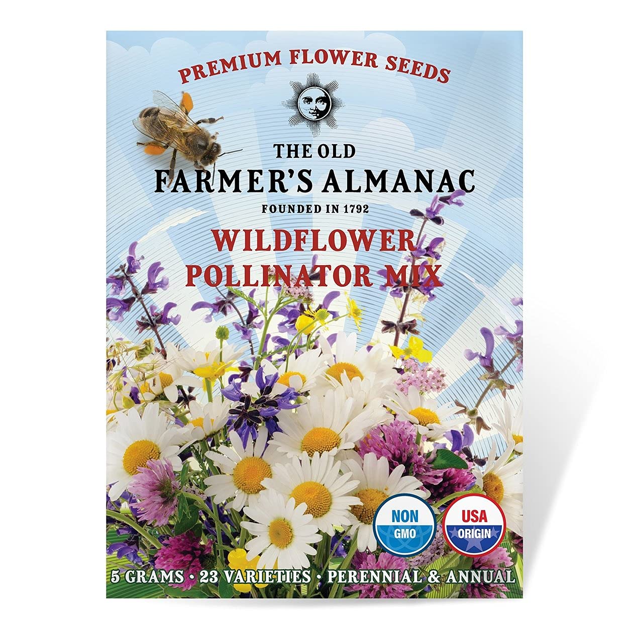 The Old Farmer's Almanac Premium Wildflower Seeds (23 Variety Pollinator Mix) - Non-GMO, Open Pollinated - Columbine Cosmos Foxglove Larkspur Poppy Snapdragon Zinnia... Attracts Butterflies Bees Birds