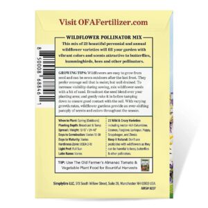 The Old Farmer's Almanac Premium Wildflower Seeds (23 Variety Pollinator Mix) - Non-GMO, Open Pollinated - Columbine Cosmos Foxglove Larkspur Poppy Snapdragon Zinnia... Attracts Butterflies Bees Birds