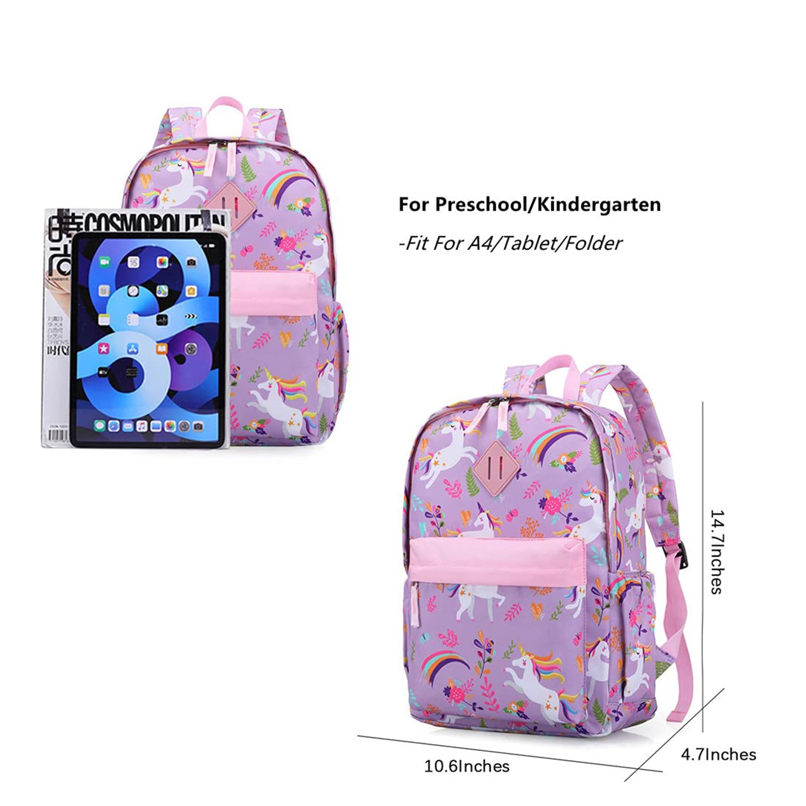 KK CRAFTS Preschool Backpack Kindergarten Little Kid Toddler School Backpacks for Boys and Girls with Chest Strap (Purple Unicorn) 15"