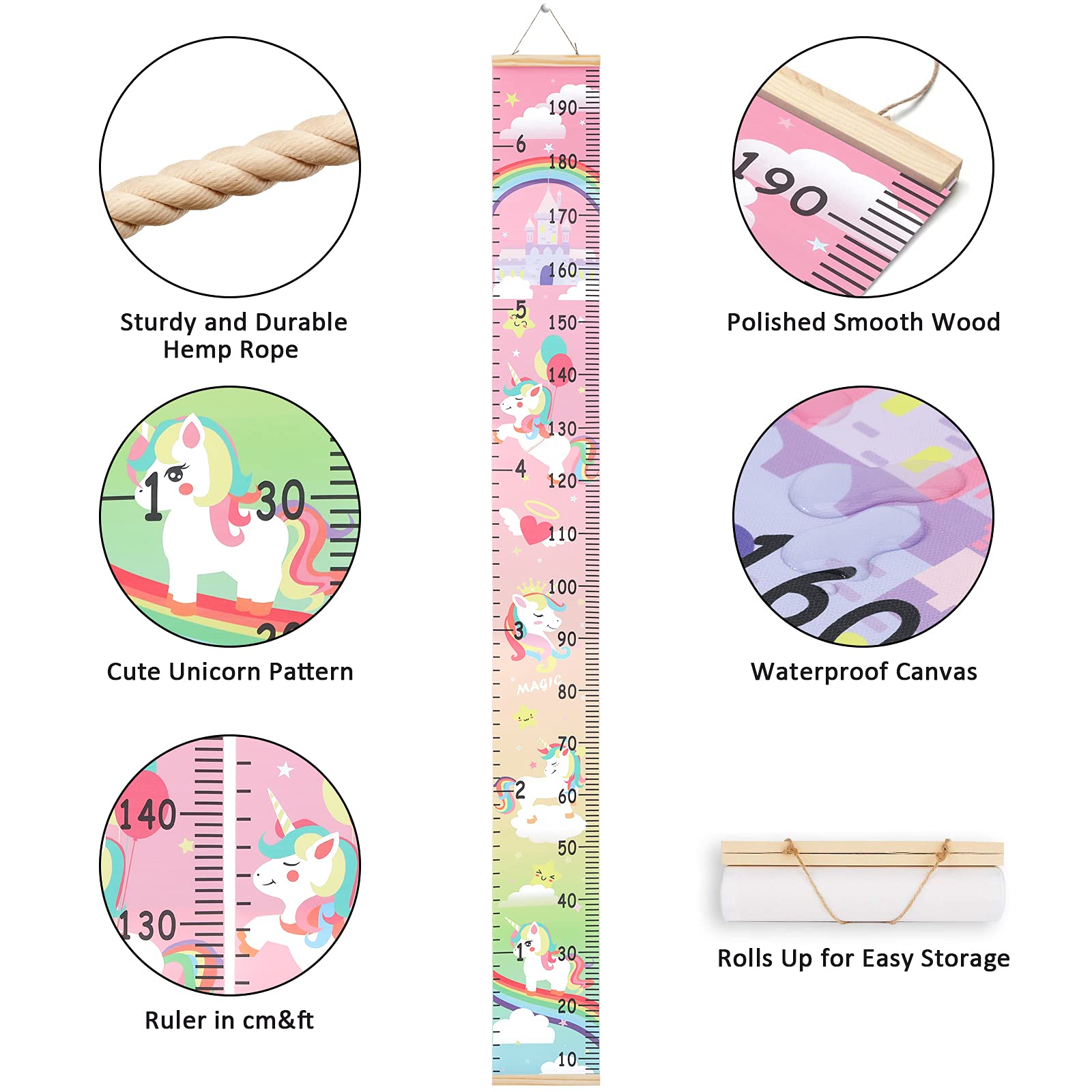 HIFOT Kids Growth Chart Height Measuring Chart, Unicorn Canvas Wall Hanging Rulers for Baby Children Girls Bedroom Decor 74.8''* 7.87''