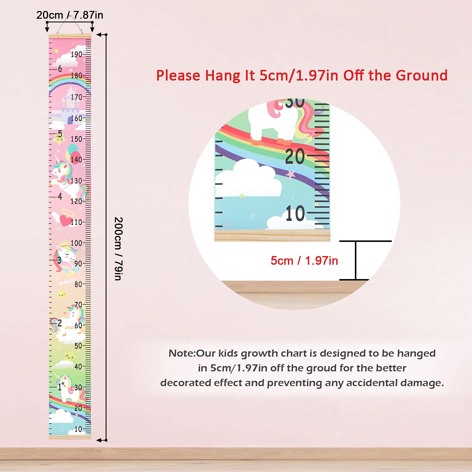 HIFOT Kids Growth Chart Height Measuring Chart, Unicorn Canvas Wall Hanging Rulers for Baby Children Girls Bedroom Decor 74.8''* 7.87''