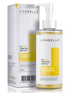 lanbelle deep cleansing oil korean oil cleanser 6.76 oz face wash all naturally-derived grapeseed oil lemon vegan dry sensitive acne-prone skin age defying makeup remover melting blackhead sebum care