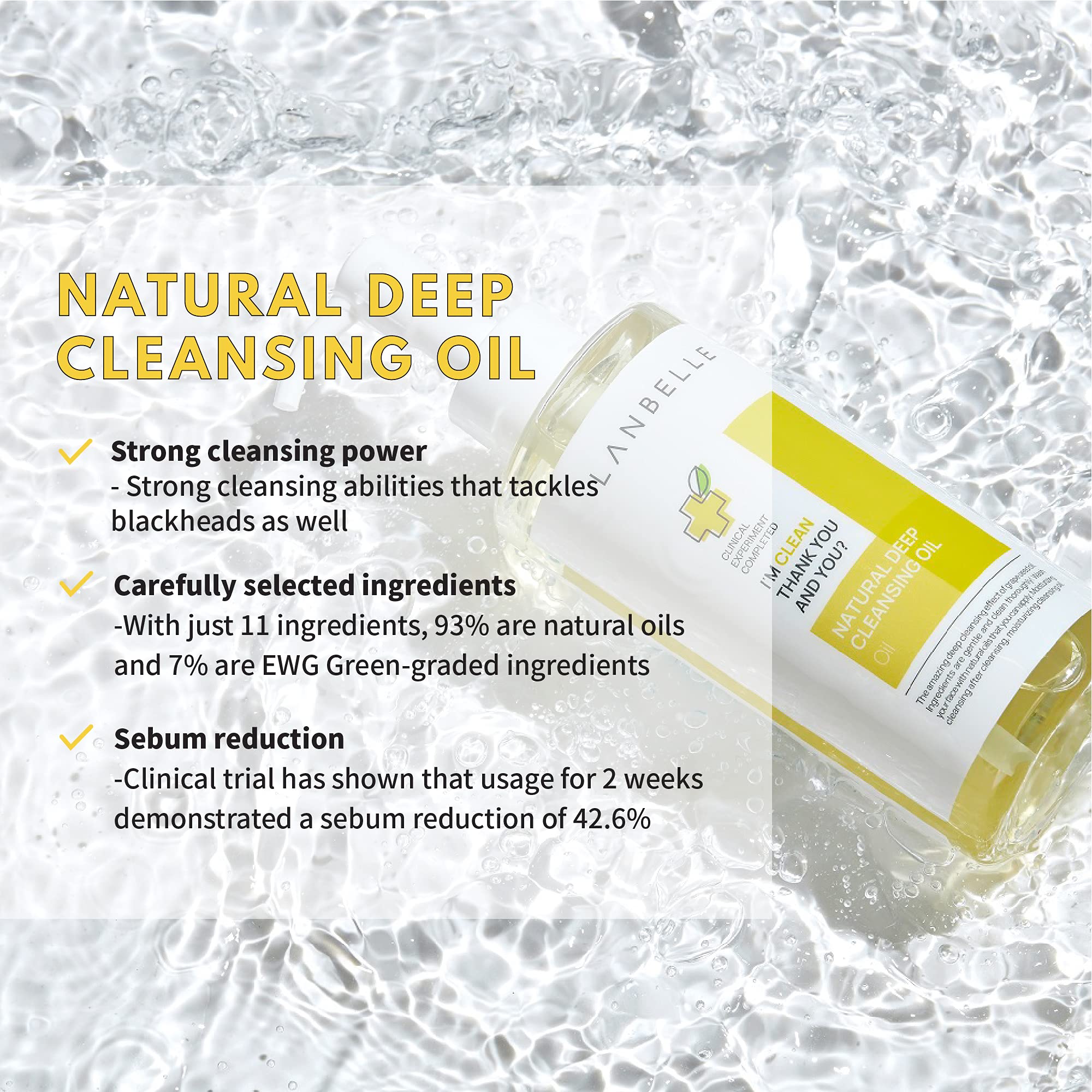 Lanbelle Deep Cleansing Oil Korean Oil Cleanser 6.76 Oz Face Wash All Naturally-Derived GrapeSeed Oil Lemon Vegan Dry Sensitive Acne-Prone Skin Age Defying Makeup Remover Melting Blackhead Sebum Care