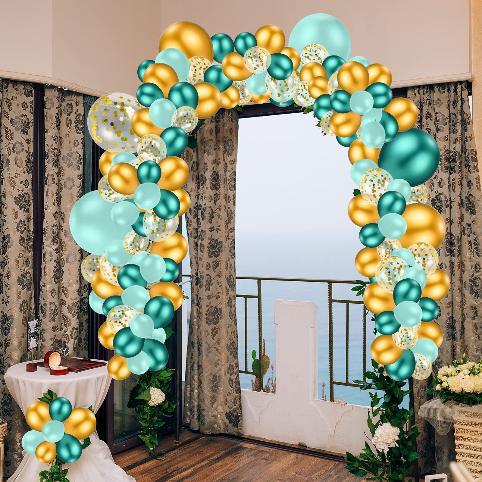 40 Pieces Teal Balloons 12 Inch Mint Green Metallic Gold Balloons for Party Baby Shower Birthday Wedding Anniversary Decorations Jungle Theme Party Balloons