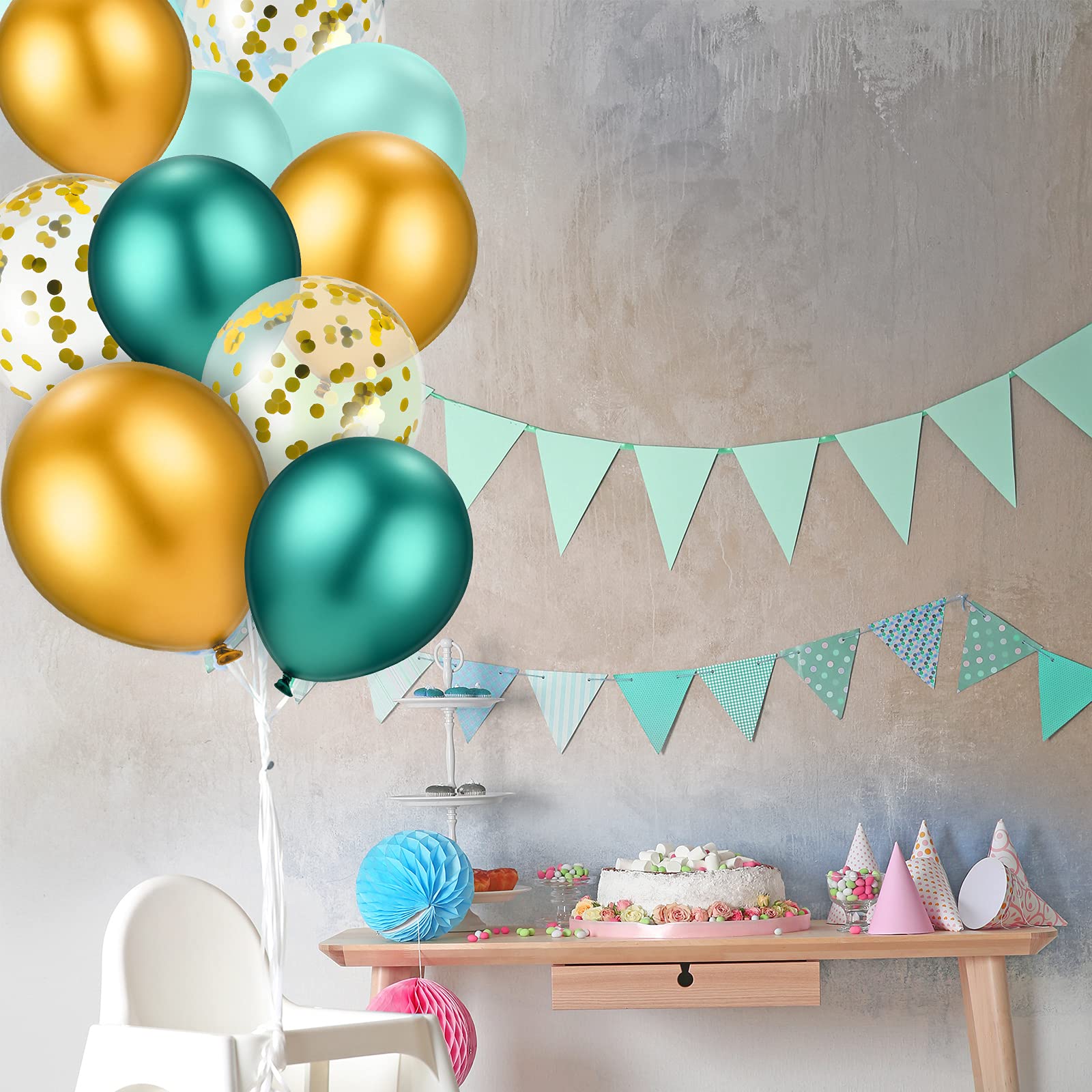 40 Pieces Teal Balloons 12 Inch Mint Green Metallic Gold Balloons for Party Baby Shower Birthday Wedding Anniversary Decorations Jungle Theme Party Balloons