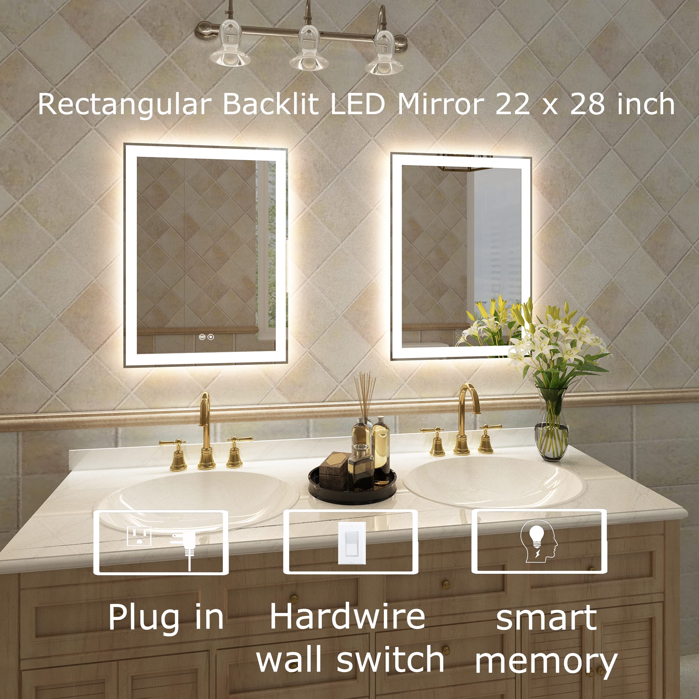 VOXITA LED Bathroom Mirror 28x22 inch Dimmable Anti-Fog Lighted Vanity Mirror, White Light/Warm Light by Optional Easy Hanging Vertical or Horizontal LED Mirror