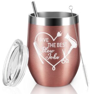 i give the best jobs wine tumbler, hairdresser barber unique cosmetology hairstylist funny gift for women sisters friend rose gold stainless steel wine tumbler with lid straw 12 oz