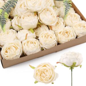 ipopu white roses artificial flowers heads bulk, 25pcs vintage dried flowers artificial rose heads silk fake rose for wedding centerpieces for dining table decor wall flowers decorations (off white)