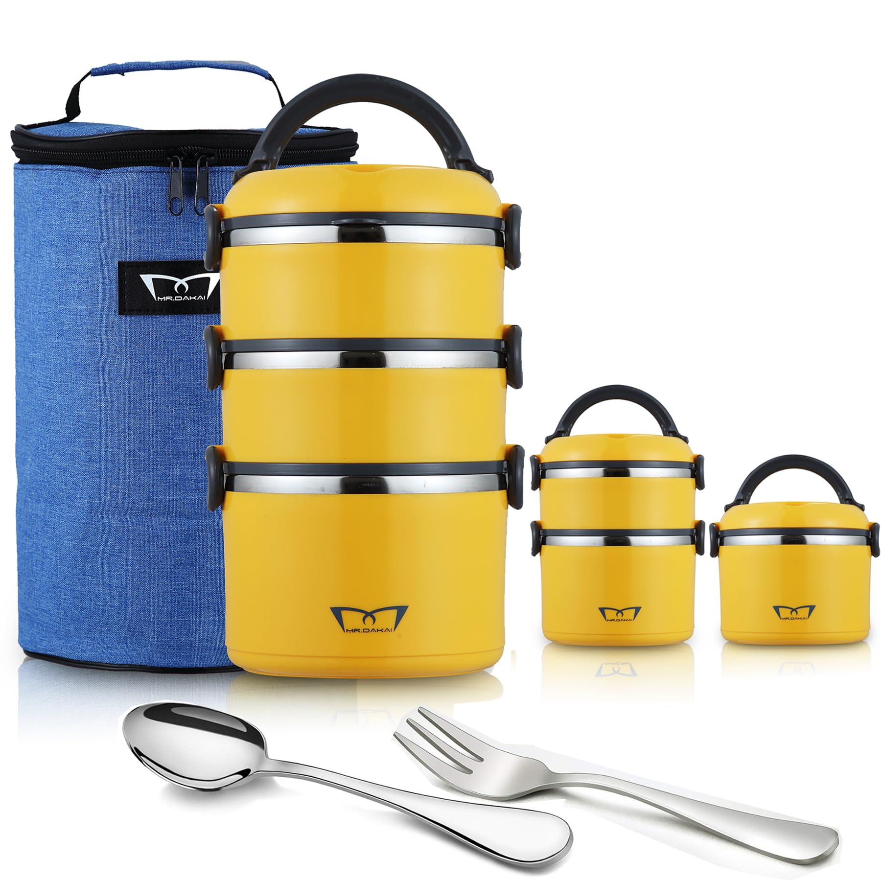 Mr.Dakai Stainless Steel Bento Lunch Box for Adults, Teens, & Larger Appetites; 3-Tier Portable Stackable Insulated Lunch Box Containers for Adults, with Bag, Spoon & Fork; 81oz, Yellow