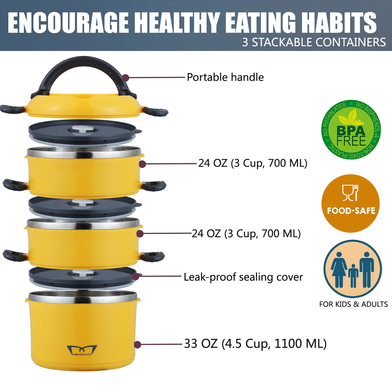 Mr.Dakai Stainless Steel Bento Lunch Box for Adults, Teens, & Larger Appetites; 3-Tier Portable Stackable Insulated Lunch Box Containers for Adults, with Bag, Spoon & Fork; 81oz, Yellow