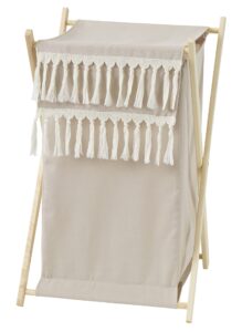 sweet jojo designs boho fringe baby kid clothes laundry hamper - gender neutral beige tan taupe linen tassel macrame for bohemian woodland farmhouse botanical leaf collection