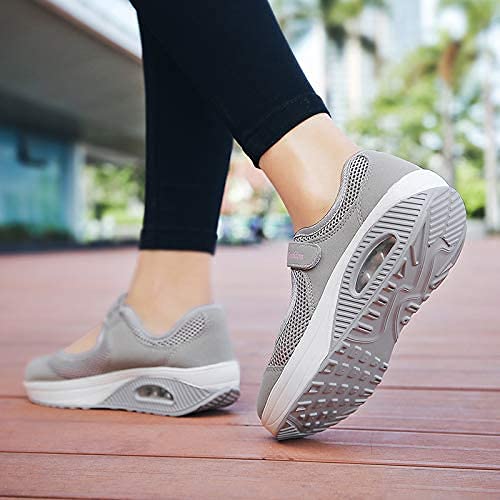 Hotcham Woman Casual Walking Shoes Comfort Fitness Sneaker Women Mesh Fabric Sneaker Women Wedge Sneaker,Gray/9