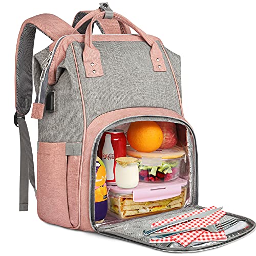 Lunch Backpack for Women, Insulated Cooler Lunch Box Laptop Backpack with USB Port for Women, Water Resistant Leak-proof Lunch Bag, College Computer Bookbag for Work Picnic Beach Fits 15.6 Inch