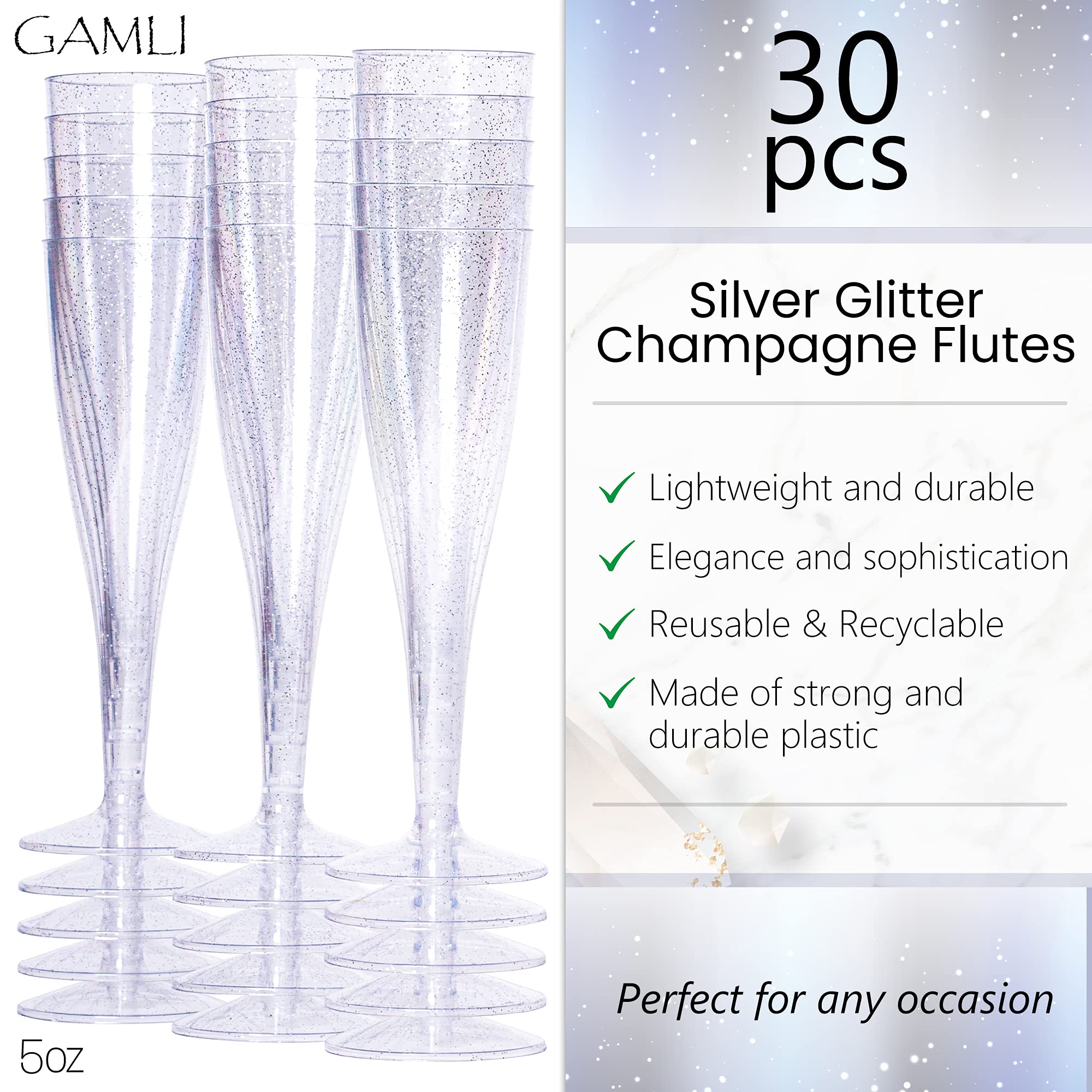 PlasticStrong Stemmed Champagne Flutes Shatterproof, Unbreakable, Reusable Plastic Champagne Flute for any occasion Set of 30 Silver Glitter wine glasses