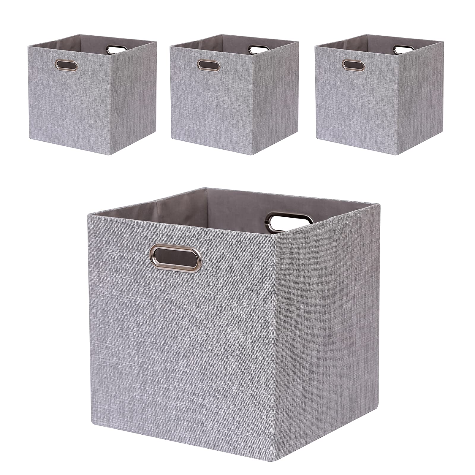 Fboxac Cube Storage Bins 13×13 Linen Foldable Box with Handles, Collapsible Organization Basket Set of 4 Large Capacity Grewer for Closet Shelf Cabinet Bookcase Bedroom, Silver Grey