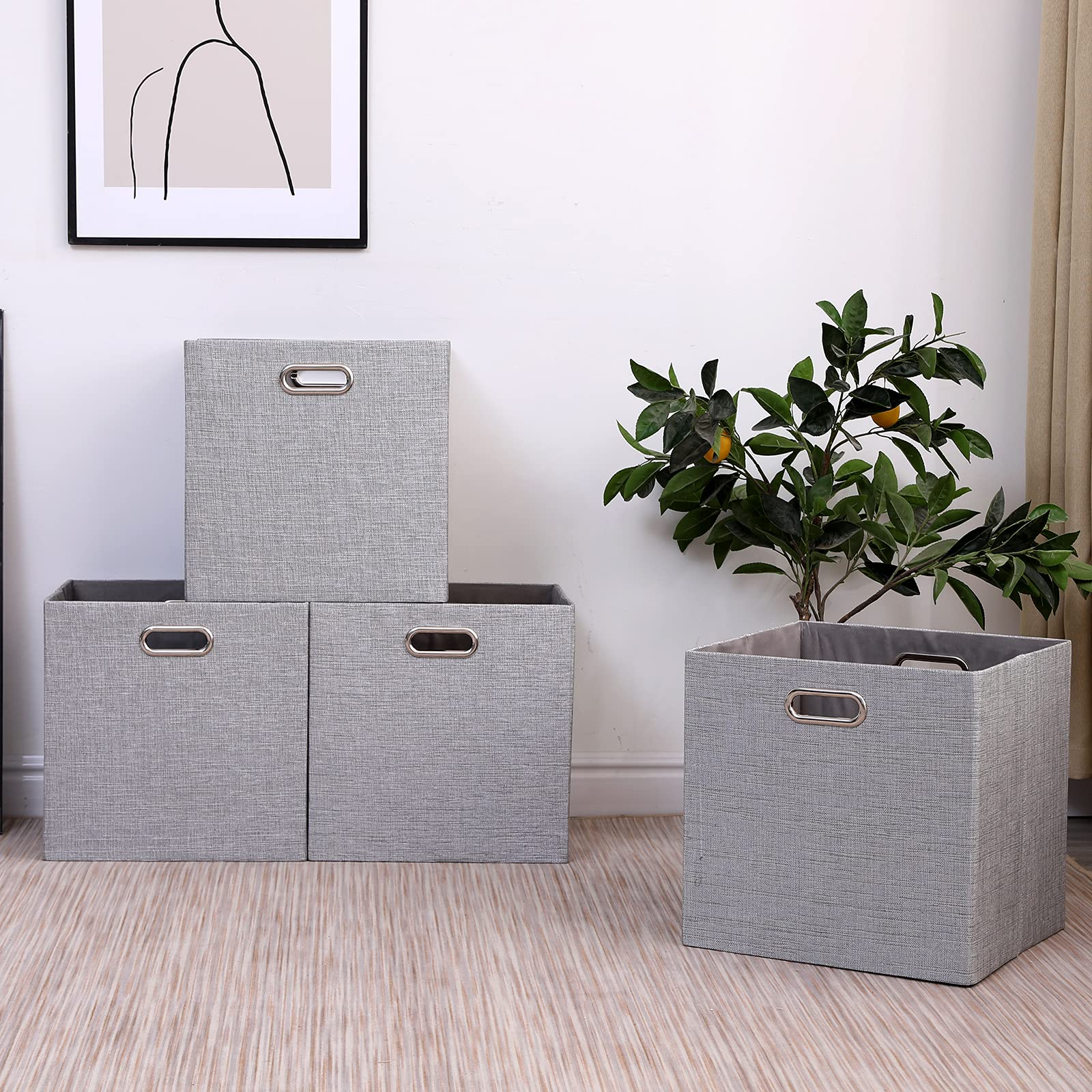 Fboxac Cube Storage Bins 13×13 Linen Foldable Box with Handles, Collapsible Organization Basket Set of 4 Large Capacity Grewer for Closet Shelf Cabinet Bookcase Bedroom, Silver Grey