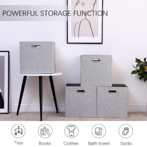 Fboxac Cube Storage Bins 13×13 Linen Foldable Box with Handles, Collapsible Organization Basket Set of 4 Large Capacity Grewer for Closet Shelf Cabinet Bookcase Bedroom, Silver Grey