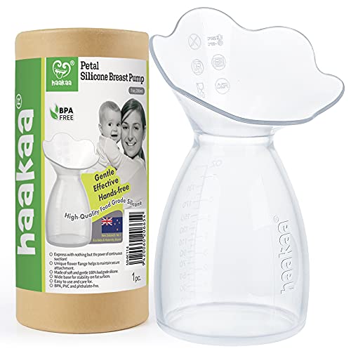 haakaa Manual Breast Pump Petal Silicone Breast Pump Breastfeeding Essentials, Flat Base Stand Firmly (7oz/200ml, New Version)