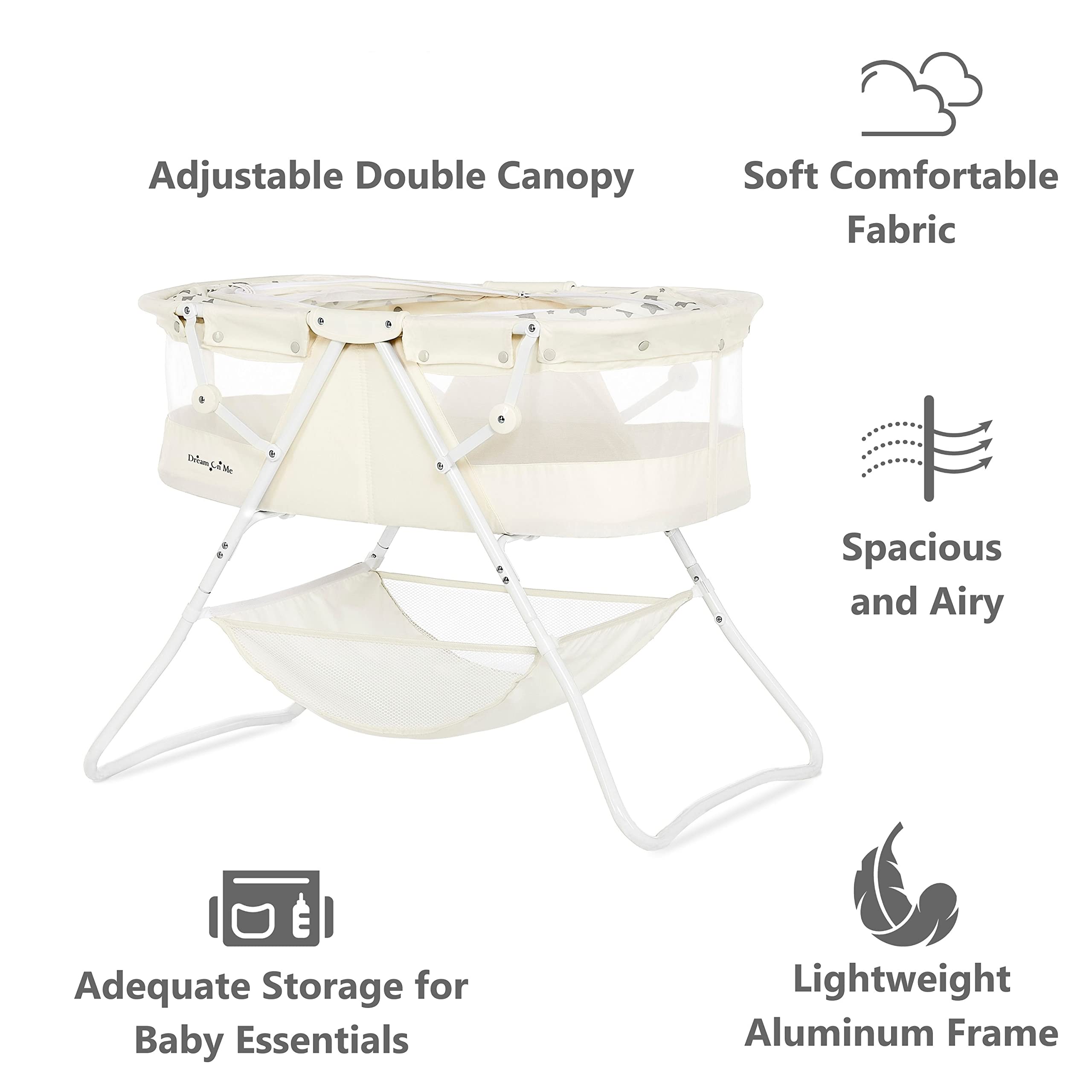 Dream On Me Karley Bassinet in French White, Lightweight Portable Baby Bassinet, Quick Fold and Easy to Carry , Adjustable Double Canopy, Indoor and Outdoor Bassinet with Large Storage Basket.