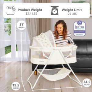 Dream On Me Karley Bassinet in French White, Lightweight Portable Baby Bassinet, Quick Fold and Easy to Carry , Adjustable Double Canopy, Indoor and Outdoor Bassinet with Large Storage Basket.