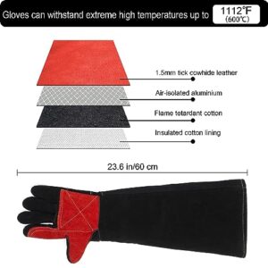 MOUTCLMB Long Welding Gloves 23.6 Inches 932℉,Heat/Fire Resistant Leather For Mig, Tig, Stick, Forge, BBQ, Grill, Fireplace, Wood Stove, Furnace, Oven-Black