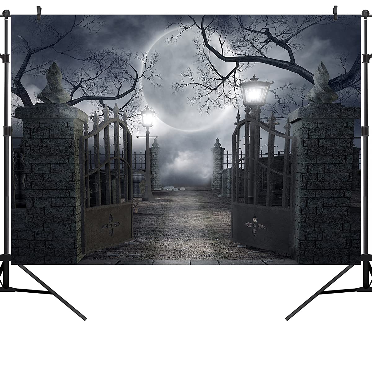 OUYIDA Halloween Night Full Moon Backdrop Gloomy Woods Graveyard Photography Background Horrible Cemetery Spooky Party Banner Halloween Party Decoration Photo Booth Props 7X5FT TP17F