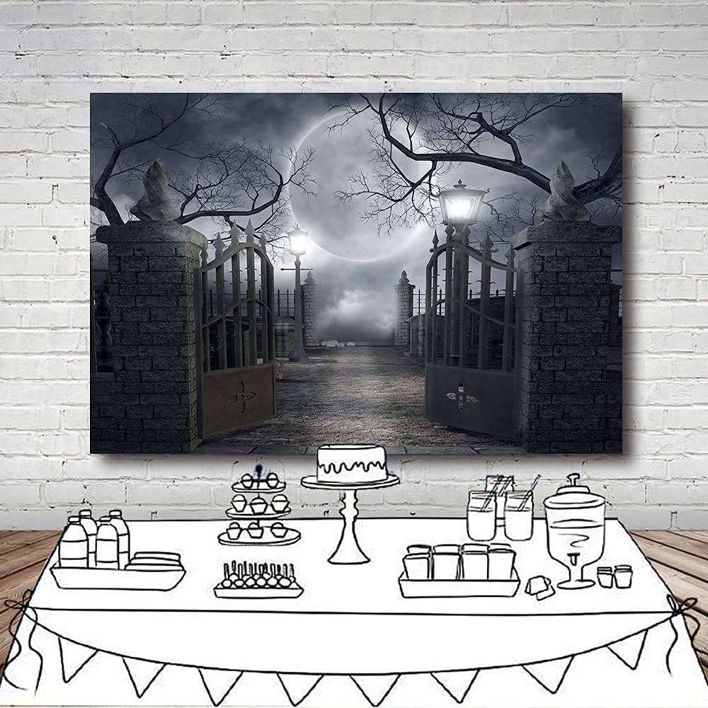 OUYIDA Halloween Night Full Moon Backdrop Gloomy Woods Graveyard Photography Background Horrible Cemetery Spooky Party Banner Halloween Party Decoration Photo Booth Props 7X5FT TP17F