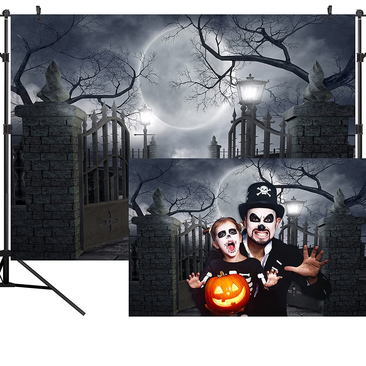 OUYIDA Halloween Night Full Moon Backdrop Gloomy Woods Graveyard Photography Background Horrible Cemetery Spooky Party Banner Halloween Party Decoration Photo Booth Props 7X5FT TP17F