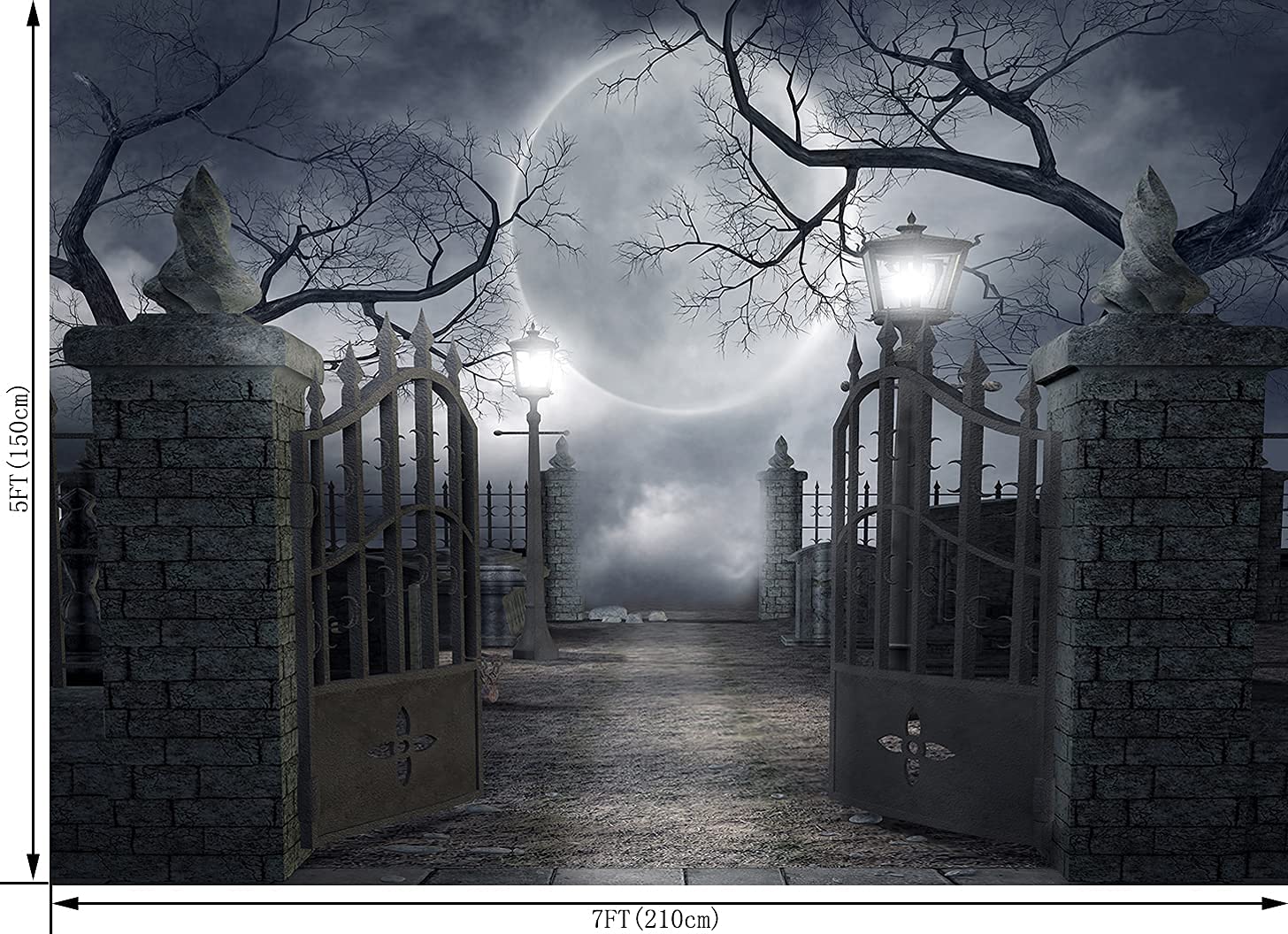 OUYIDA Halloween Night Full Moon Backdrop Gloomy Woods Graveyard Photography Background Horrible Cemetery Spooky Party Banner Halloween Party Decoration Photo Booth Props 7X5FT TP17F