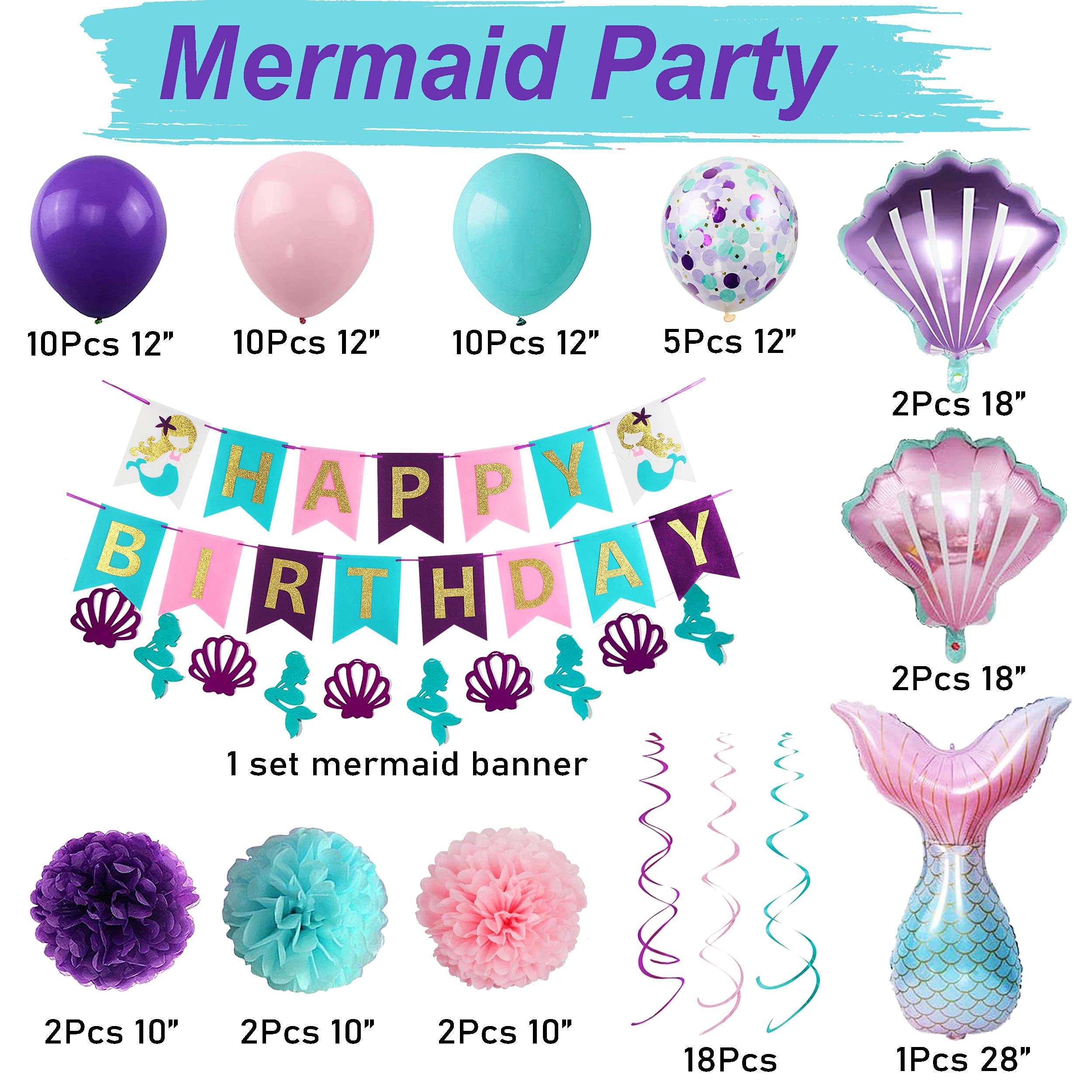 Mermaid Party Supplies Mermaid Birthday Party Decorations for Girl's Birthday Party and Baby Shower Party Decoration