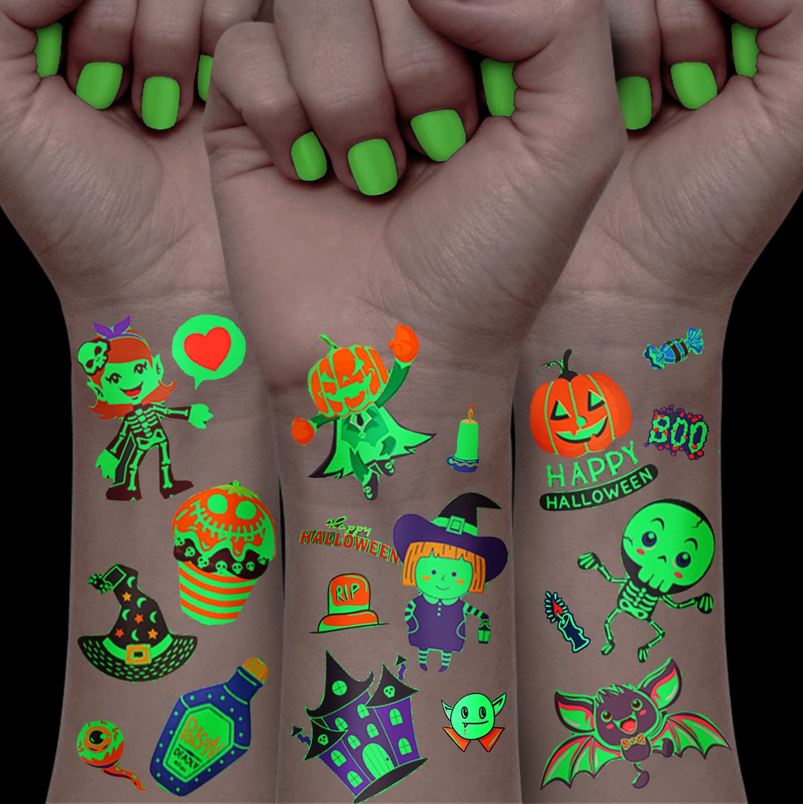 Halloween Tattoos for Kids, 10 Sheets 98 Pcs Glow in the Dark Halloween Temporary Tattoos Stickers for Halloween Party Favors Skeleton Pumpkin Tattoos Kids Prizes Trick or Treat Goodie Bag Stuffers