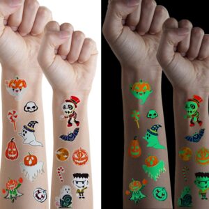 Halloween Tattoos for Kids, 10 Sheets 98 Pcs Glow in the Dark Halloween Temporary Tattoos Stickers for Halloween Party Favors Skeleton Pumpkin Tattoos Kids Prizes Trick or Treat Goodie Bag Stuffers