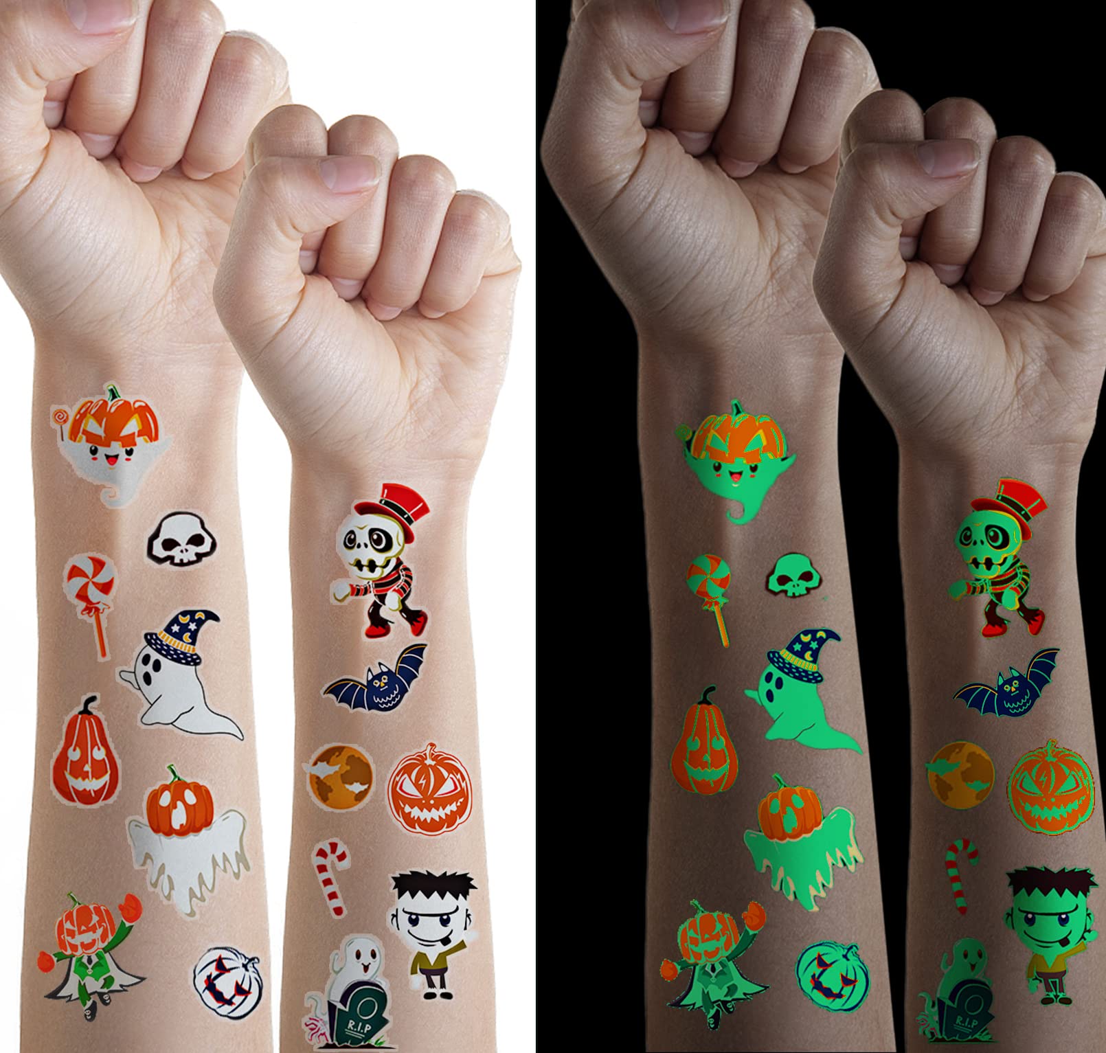 Halloween Tattoos for Kids, 10 Sheets 98 Pcs Glow in the Dark Halloween Temporary Tattoos Stickers for Halloween Party Favors Skeleton Pumpkin Tattoos Kids Prizes Trick or Treat Goodie Bag Stuffers