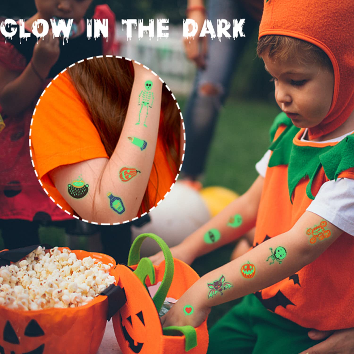 Halloween Tattoos for Kids, 10 Sheets 98 Pcs Glow in the Dark Halloween Temporary Tattoos Stickers for Halloween Party Favors Skeleton Pumpkin Tattoos Kids Prizes Trick or Treat Goodie Bag Stuffers