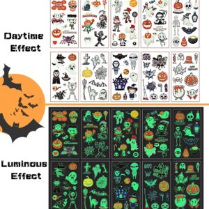 Halloween Tattoos for Kids, 10 Sheets 98 Pcs Glow in the Dark Halloween Temporary Tattoos Stickers for Halloween Party Favors Skeleton Pumpkin Tattoos Kids Prizes Trick or Treat Goodie Bag Stuffers