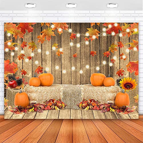 Avezano Fall Pumpkin Photography Backdrop Rustic Thanksgiving Harvest Wooden Floor Background Autumn Maple Leaves Baby Shower Decorations Party Supplies Photo Booth Props 7x5ft