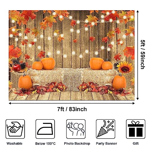 Avezano Fall Pumpkin Photography Backdrop Rustic Thanksgiving Harvest Wooden Floor Background Autumn Maple Leaves Baby Shower Decorations Party Supplies Photo Booth Props 7x5ft