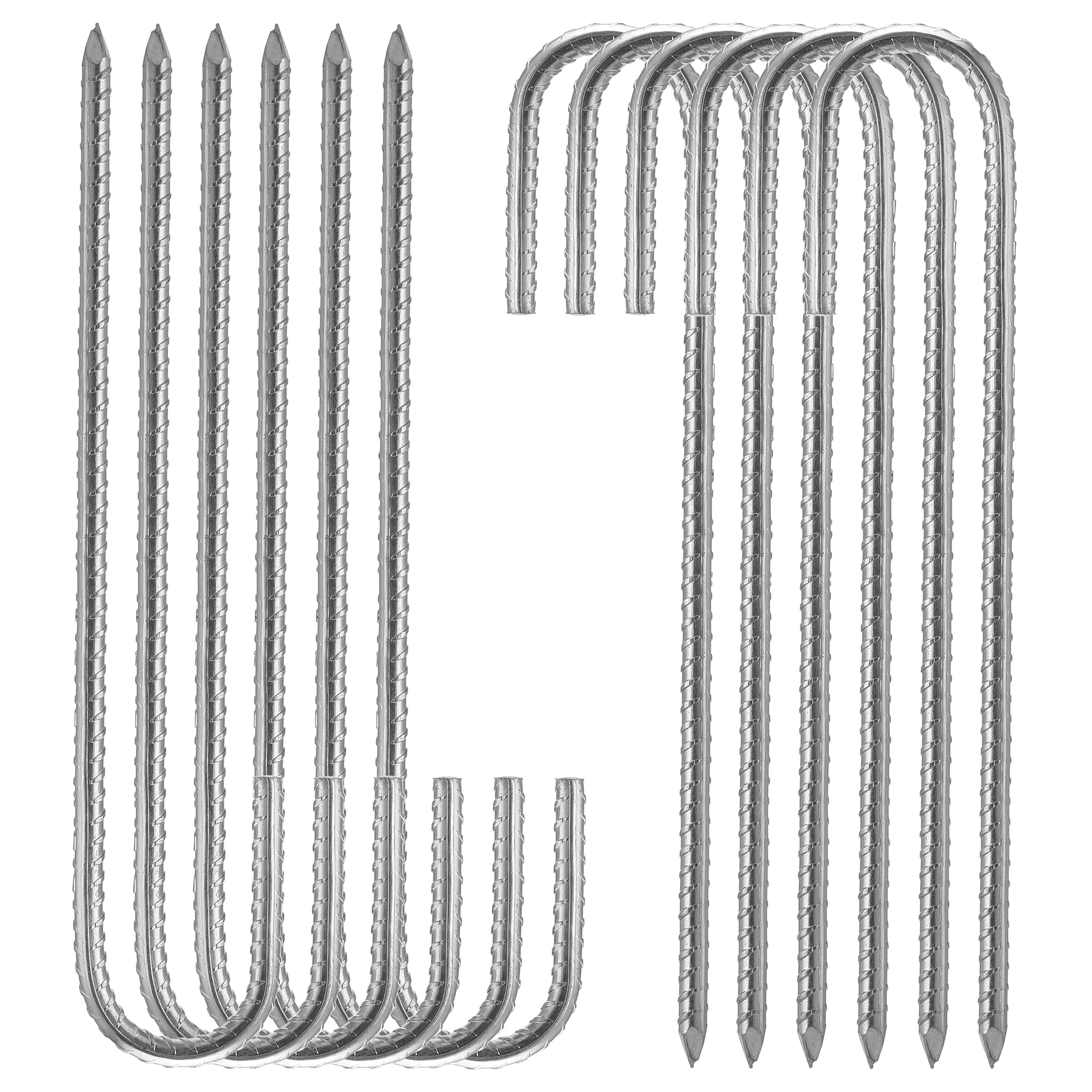 Galvanized Rebar Stakes, 12 inch Heavy Duty Ground Stakes J Hooks for Camping Tent and Canopy Tent Stakes, 12 Pack, Silver