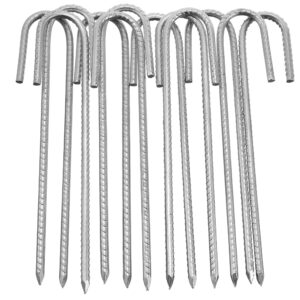 Galvanized Rebar Stakes, 12 inch Heavy Duty Ground Stakes J Hooks for Camping Tent and Canopy Tent Stakes, 12 Pack, Silver