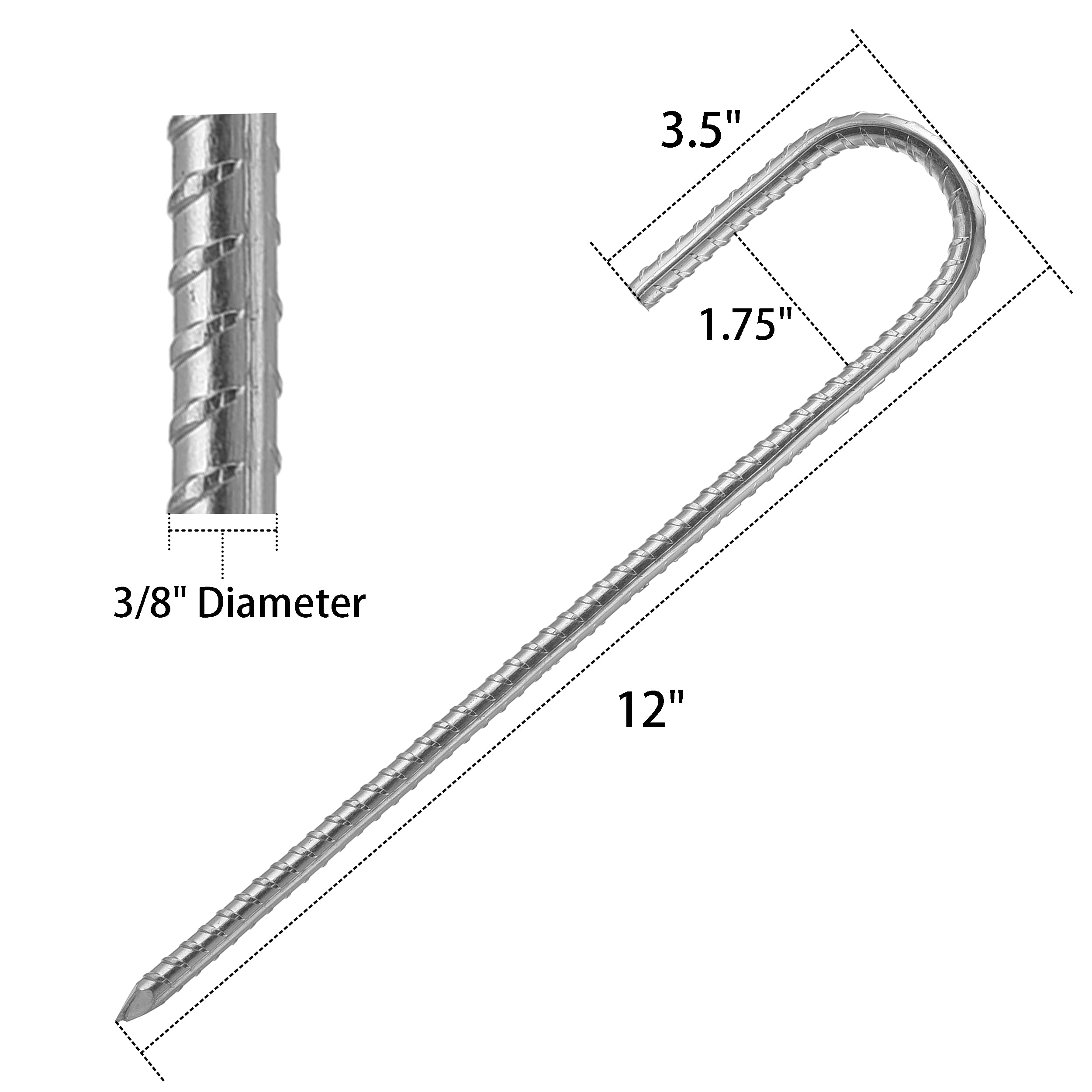 Galvanized Rebar Stakes, 12 inch Heavy Duty Ground Stakes J Hooks for Camping Tent and Canopy Tent Stakes, 12 Pack, Silver