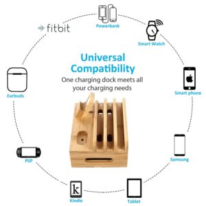 Bamboo Charging Station Dock for 4/5 / 6 Ports USB Charger with 5 Charging Cables Included, Desktop Docking Station Organizer for Cellphone,Smart Watch,Tablet(No Power Supply)