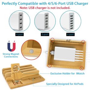 Bamboo Charging Station Dock for 4/5 / 6 Ports USB Charger with 5 Charging Cables Included, Desktop Docking Station Organizer for Cellphone,Smart Watch,Tablet(No Power Supply)