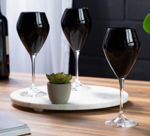 attractive durable stemmed wine glasses set of 6, lead-free, tinted black glass with clear stem, quality drinking glasses for red or white wine. - 15oz glassware cups.