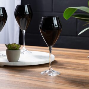 Attractive Durable Stemmed Wine Glasses Set of 6, Lead-Free, Tinted Black Glass with Clear Stem, Quality Drinking Glasses for Red or White Wine. - 15oz Glassware Cups.