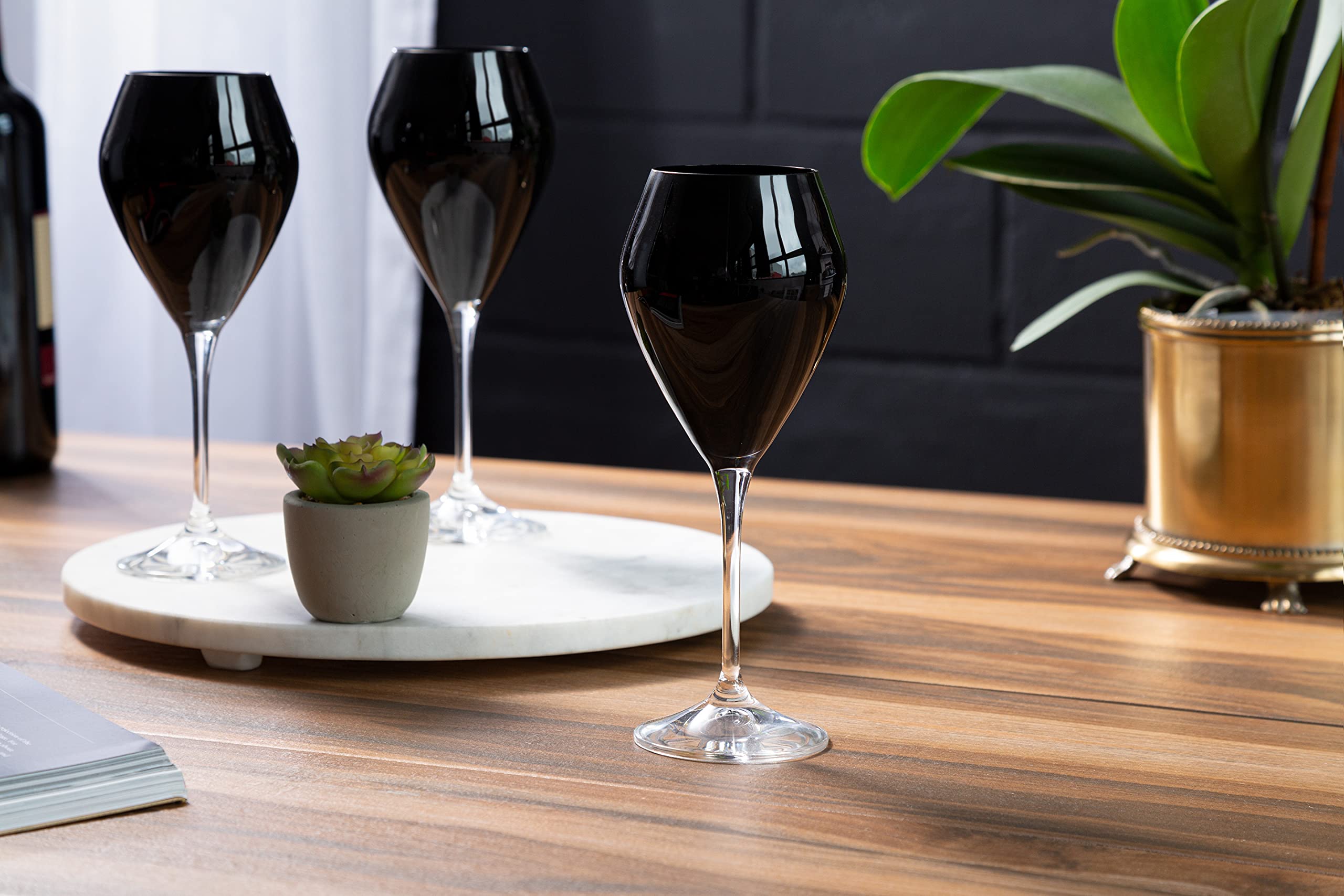 Attractive Durable Stemmed Wine Glasses Set of 6, Lead-Free, Tinted Black Glass with Clear Stem, Quality Drinking Glasses for Red or White Wine. - 15oz Glassware Cups.